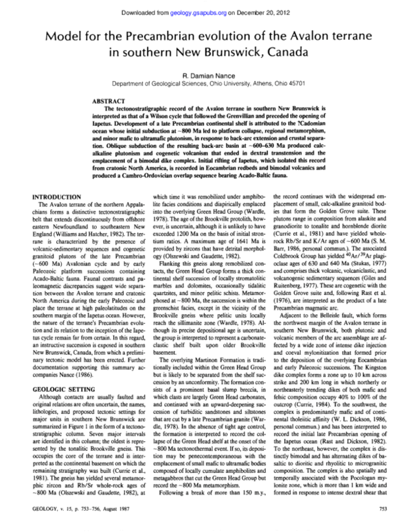 (PDF) Model for the Precambrian evolution of the Avalon terrane in ...