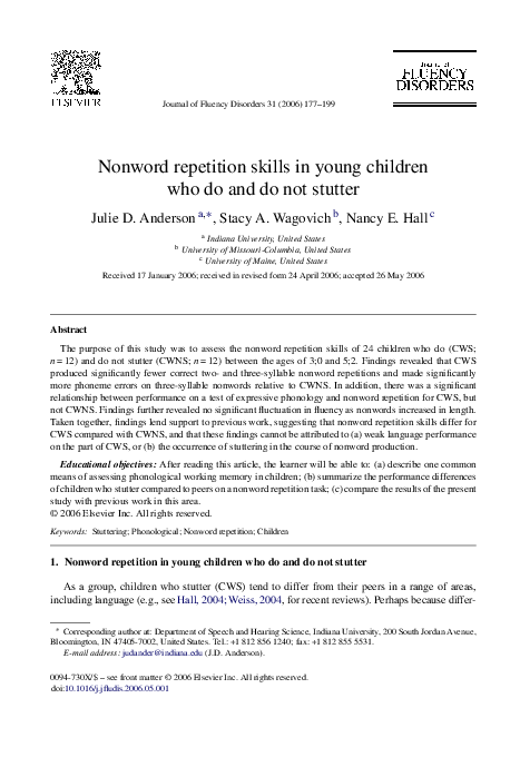 (PDF) Nonword repetition skills in young children who do and do not stutter