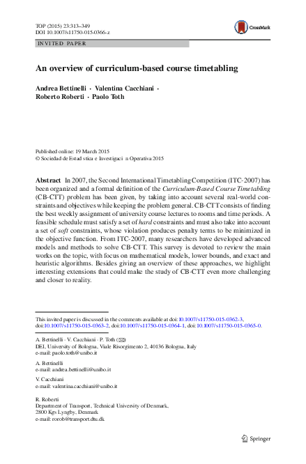 Pdf An Overview Of Curriculum Based Course Timetabling Alejandro Tomas Irigoyen Saffery