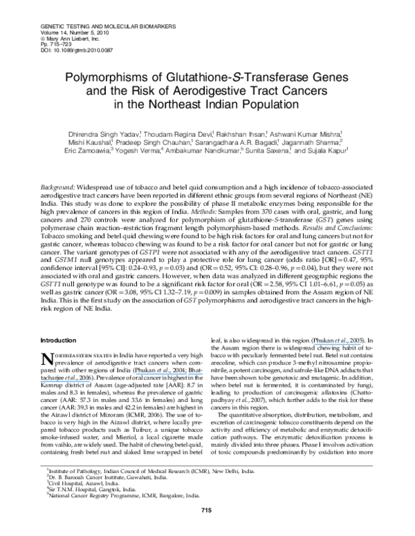 (PDF) Polymorphisms of glutathione S -transferase genes ( GSTM1 , GSTP1 and GSTT1 ) and bladder ...