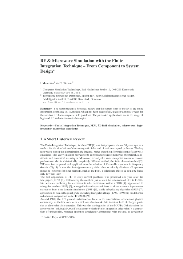 Pdf Rf And Microwave Simulation With The Finite Integration Technique From Component To System
