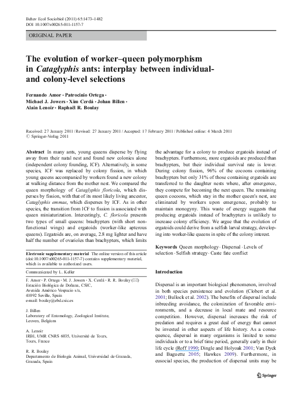 (PDF) The evolution of worker–queen polymorphism in Cataglyphis ants ...