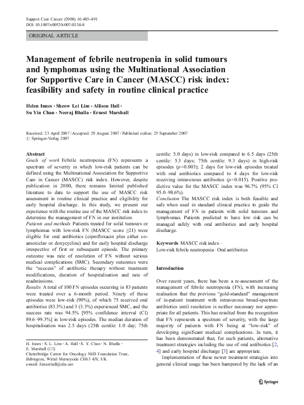(PDF) Management of febrile neutropenia in solid tumours and lymphomas ...