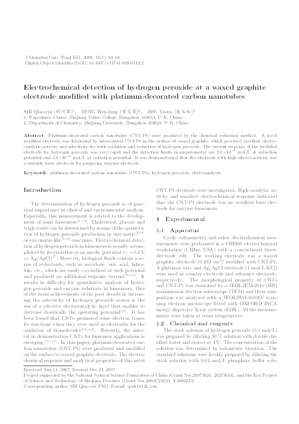 (PDF) Electrochemical detection of hydrogen peroxide at a waxed graphite electrode modified with ...