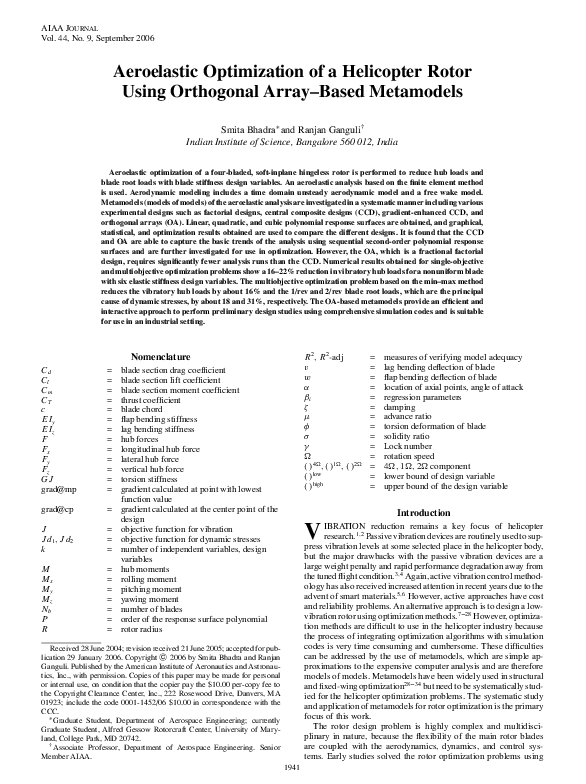 Pdf Aeroelastic Optimization Of A Helicopter Rotor Using Orthogonal Array Based Metamodels