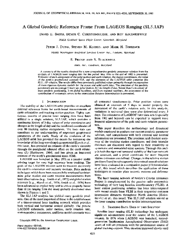 (PDF) A Global Geodetic Reference Frame From LAGEOS Ranging (SL5.1AP