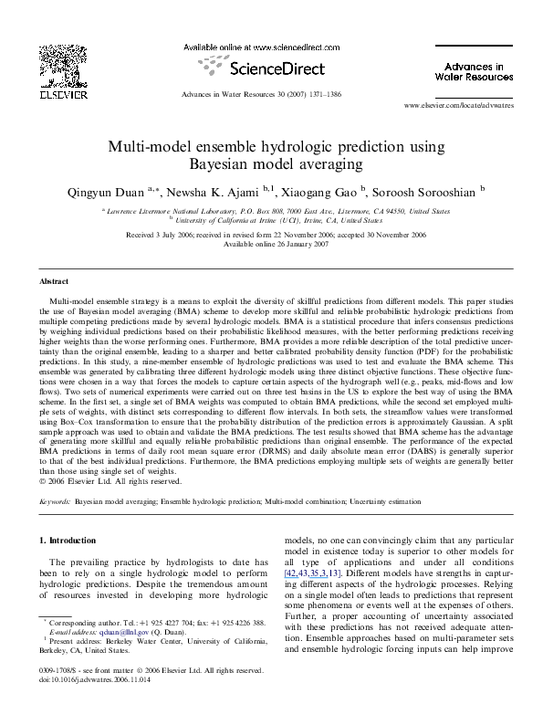 Pdf Multi Model Ensemble Hydrologic Prediction Using Bayesian Model Averaging