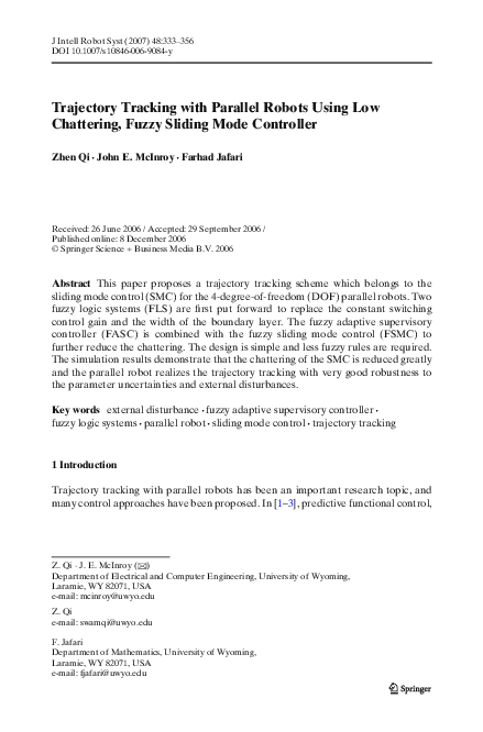 Pdf Trajectory Tracking With Parallel Robots Using Low Chattering Fuzzy Sliding Mode Controller