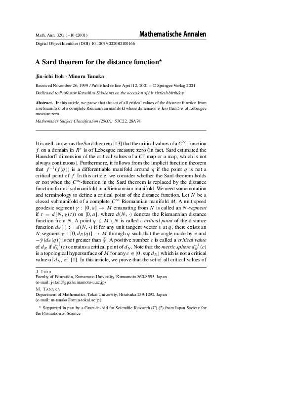 (PDF) A Sard theorem for the distance function