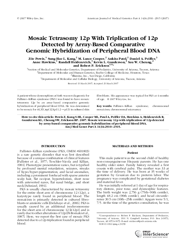 (PDF) Mosaic tetrasomy 12p with triplication of 12p detected by array ...