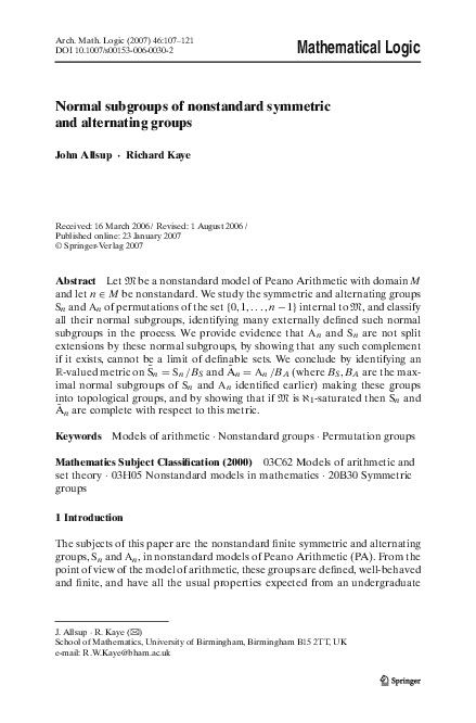 Pdf Normal Subgroups Of Nonstandard Symmetric And Alternating Groups John Allsup