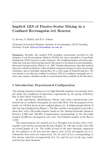Pdf Implicit Les Of Passive Scalar Mixing In A Confined Rectangular Jet Reactor