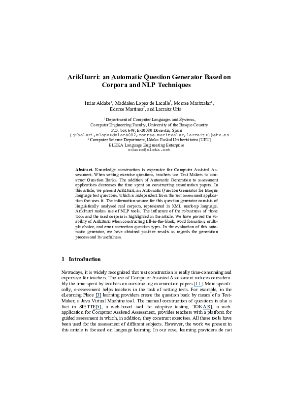 (PDF) ArikIturri: An Automatic Question Generator Based on Corpora and NLP Techniques