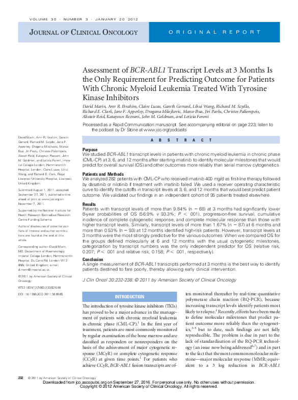 (PDF) Assessment of BCR-ABL1 transcript levels at 3 months is the only ...