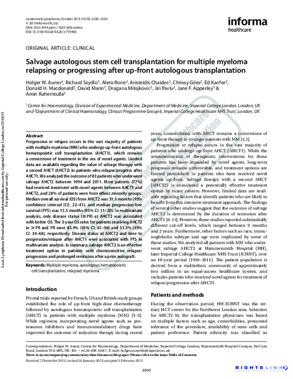 (PDF) Salvage autologous stem cell transplantation for multiple myeloma relapsing or progressing ...