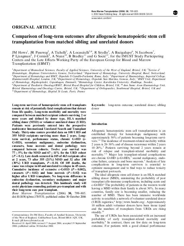 (PDF) Comparison of long-term outcomes after allogeneic hematopoietic stem cell transplantation ...