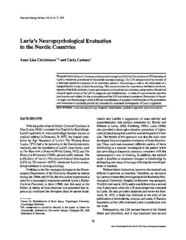 (PDF) Luria's Neuropsychological Evaluation in the Nordic Countries