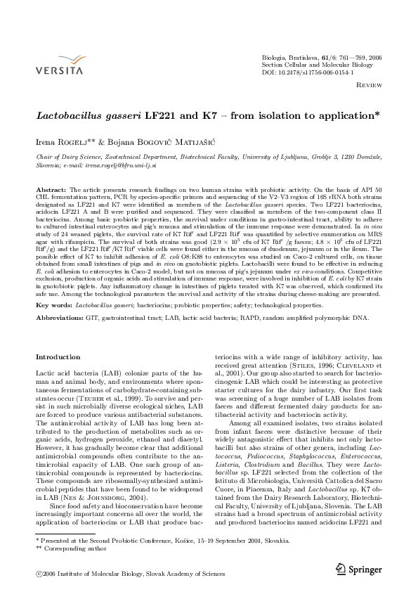 (PDF) Lactobacillus gasseri LF221 and K7 — from isolation to application