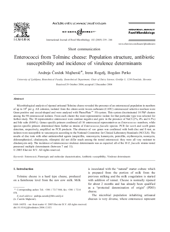 (PDF) Enterococci from Tolminc cheese: Population structure, antibiotic ...