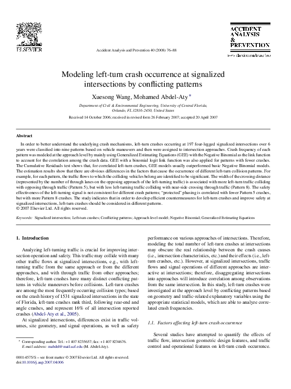 Pdf Modeling Left Turn Crash Occurrence At Signalized Intersections By Conflicting Patterns