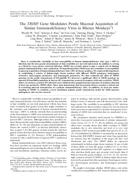 (PDF) The TRIM5 Gene Modulates Penile Mucosal Acquisition of Simian ...