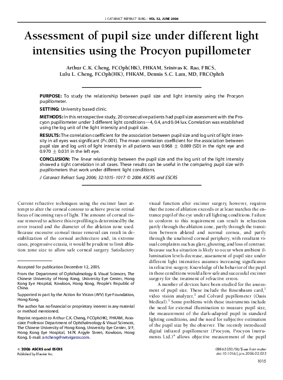(PDF) Assessment of pupil size under different light intensities using ...