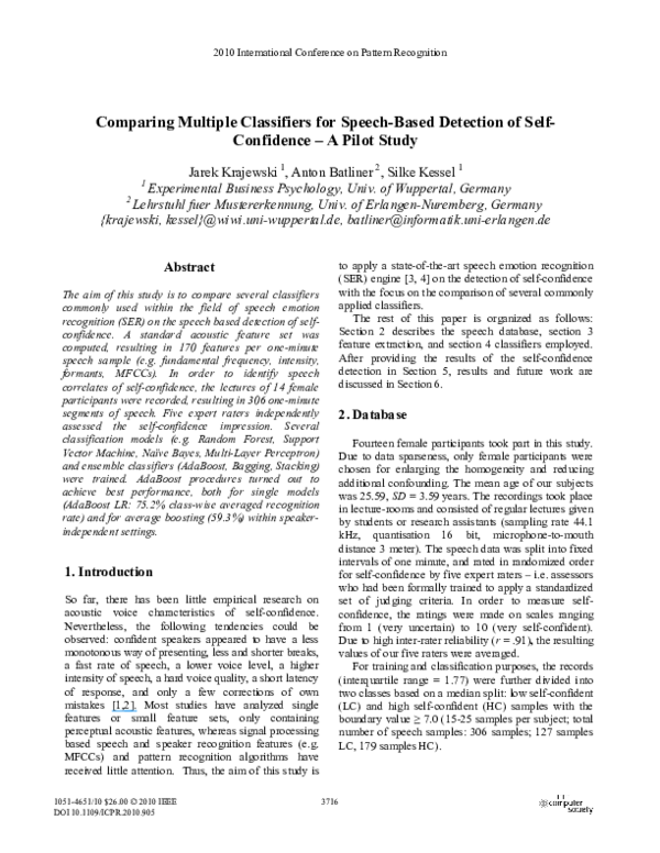 (PDF) Comparing Multiple Classifiers for Speech-Based Detection of Self-Confidence - A Pilot Study