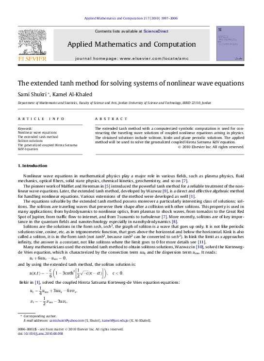 (PDF) The extended tanh method for solving systems of nonlinear wave equations
