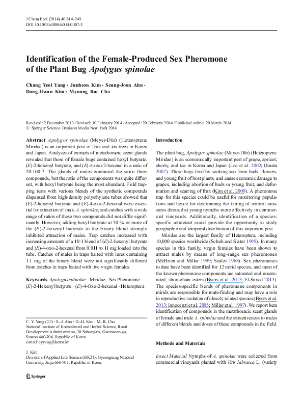 Pdf Identification Of Female Produced Sex Pheromone Of The Honey