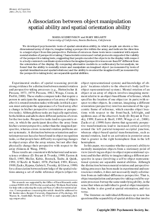 Pdf A Dissociation Between Object Manipulation Spatial Ability And