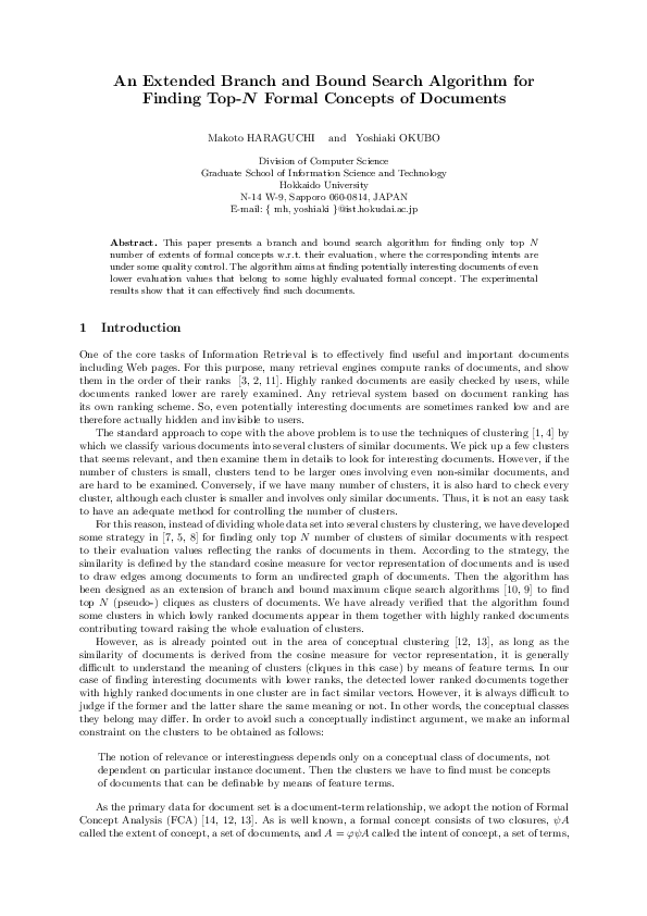 (PDF) An Extended Branch and Bound Search Algorithm for Finding Top N Formal Concepts of Documents
