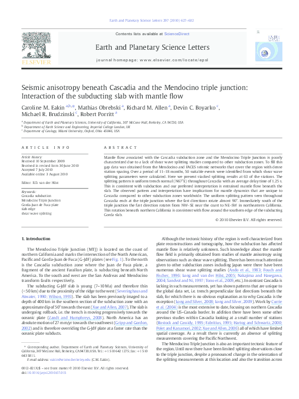 (PDF) Seismic anisotropy beneath Cascadia and the Mendocino triple ...