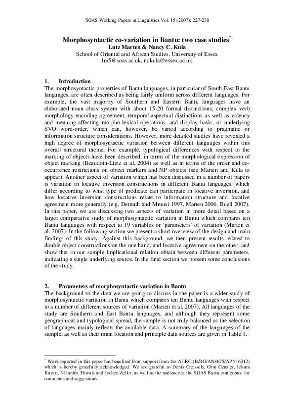 (PDF) Morphosyntactic co-variation in Bantu: two case studies