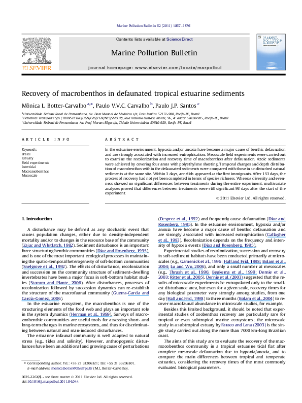 (PDF) Recovery of macrobenthos in defaunated tropical estuarine sediments