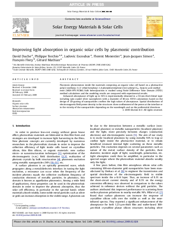 (PDF) Improving light absorption in organic solar cells by plasmonic ...