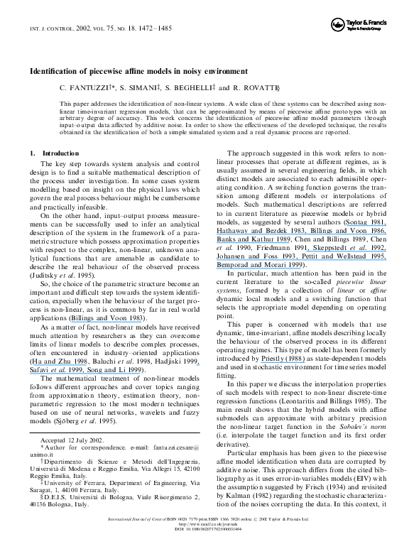 Pdf Identification Of Piecewise Affine Models In Noisy Environment