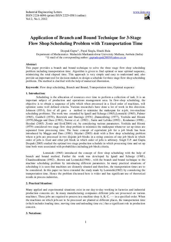 Pdf Application Of Branch And Bound Technique For 3 Stage Flow Shop 1464