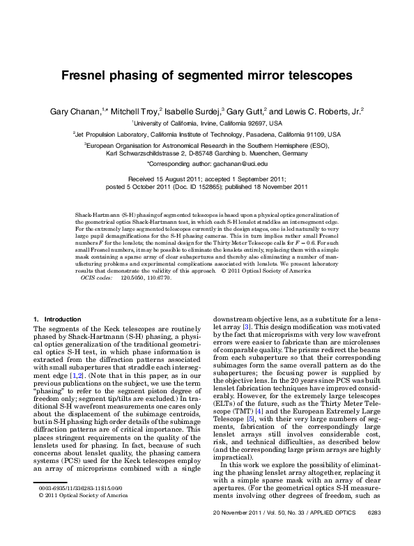 (PDF) Fresnel phasing of segmented mirror telescopes