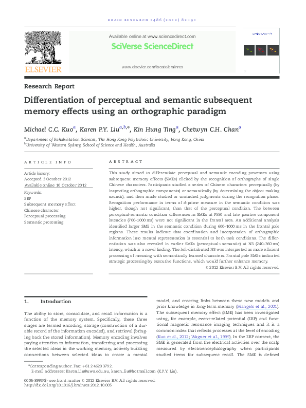 (PDF) Differentiation of perceptual and semantic subsequent memory ...