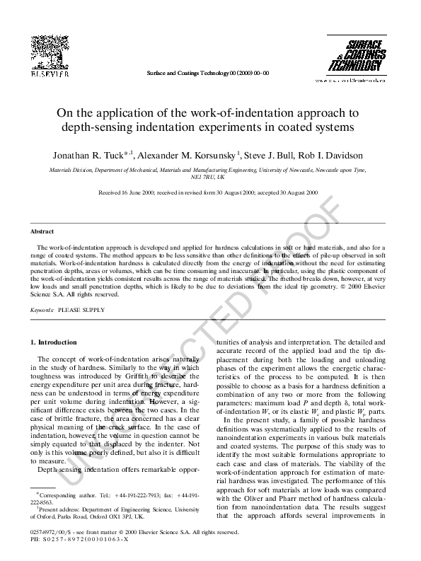 (PDF) On the application of the work-of-indentation approach to depth-sensing indentation ...