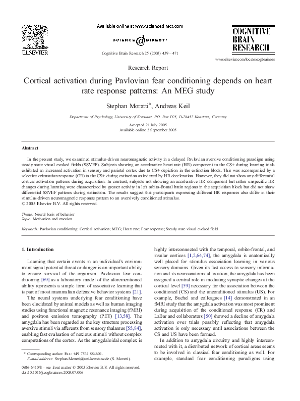 (PDF) Cortical activation during Pavlovian fear conditioning depends on heart rate response ...