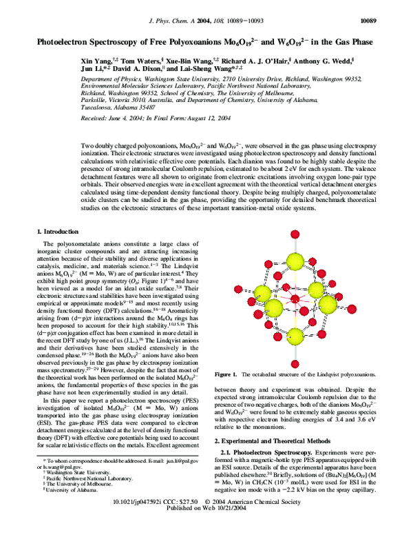 (PDF) Photoelectron Spectroscopy of Free Polyoxoanions Mo6O19 2- and ...