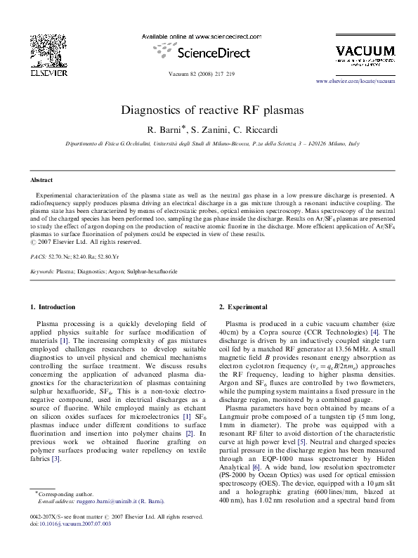 (PDF) Diagnostics of reactive RF plasmas