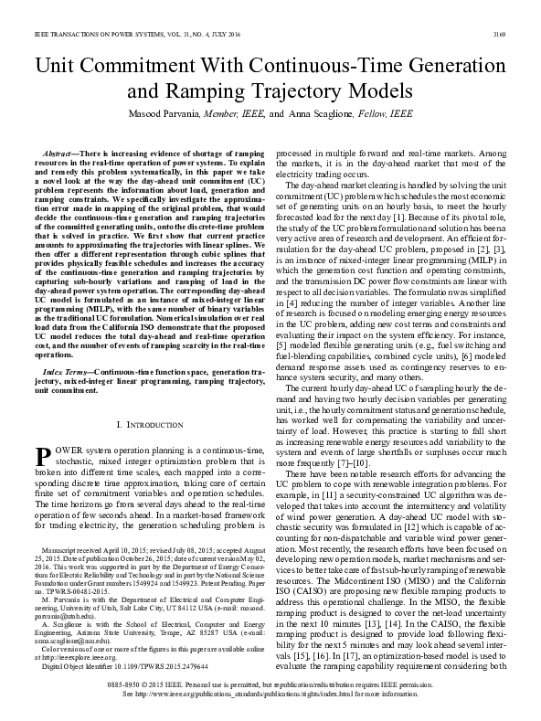 (PDF) Unit Commitment With Continuous-Time Generation and Ramping Trajectory Models
