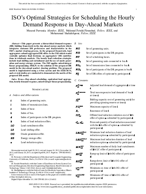 (PDF) ISO's Optimal Strategies for Scheduling the Hourly Demand Response in Day-Ahead Markets