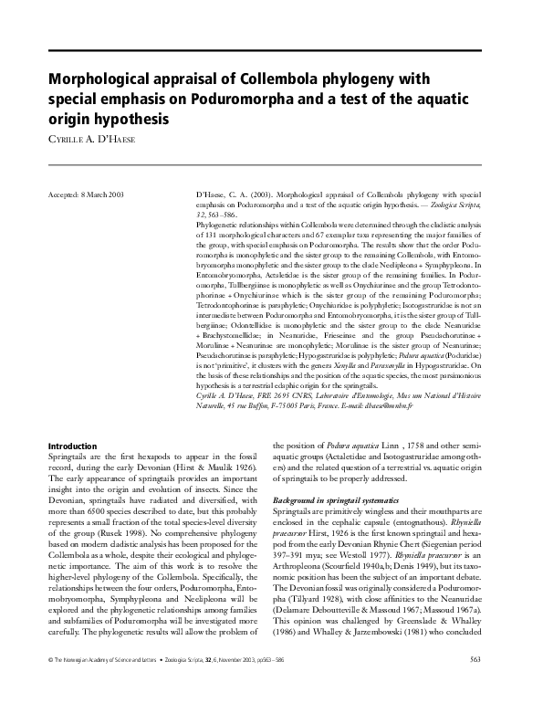 (PDF) Morphological appraisal of Collembola phylogeny with special ...