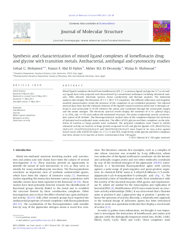 (PDF) Synthesis and characterization of mixed ligand complexes of lomefloxacin drug and glycine ...