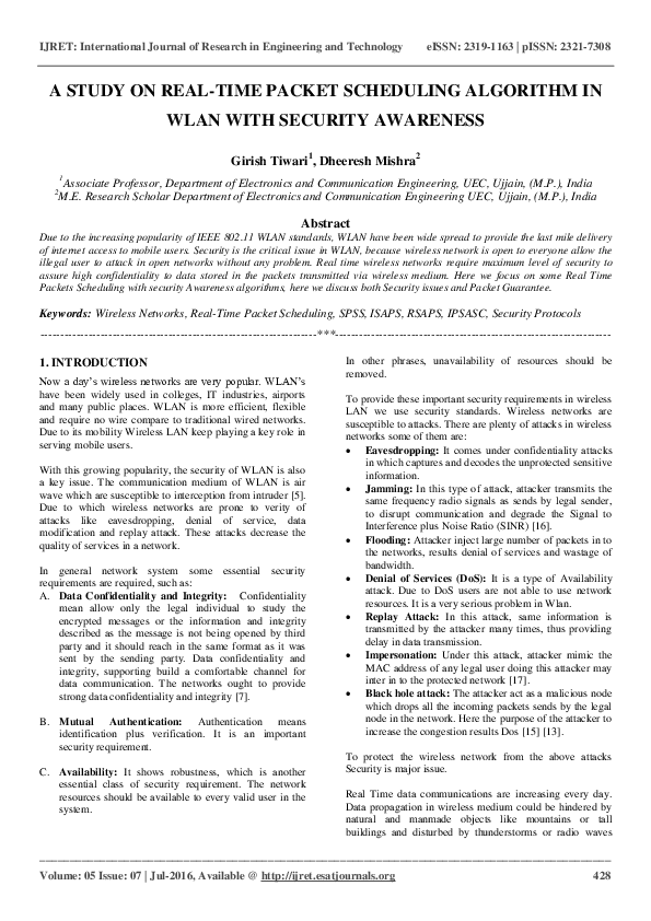 (PDF) A STUDY ON REAL-TIME PACKET SCHEDULING ALGORITHM IN WLAN WITH SECURITY AWARENESS