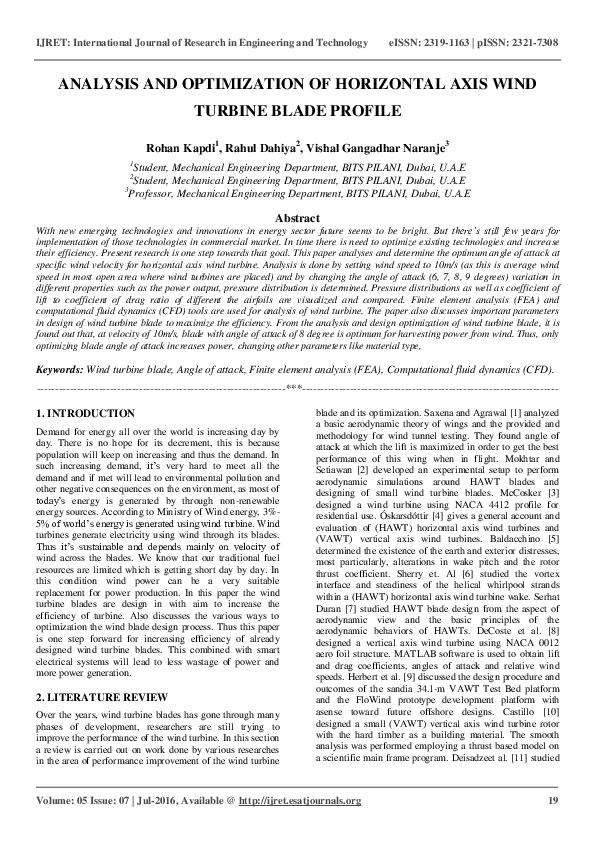 Pdf Analysis And Optimization Of Horizontal Axis Wind Turbine Blade Profile