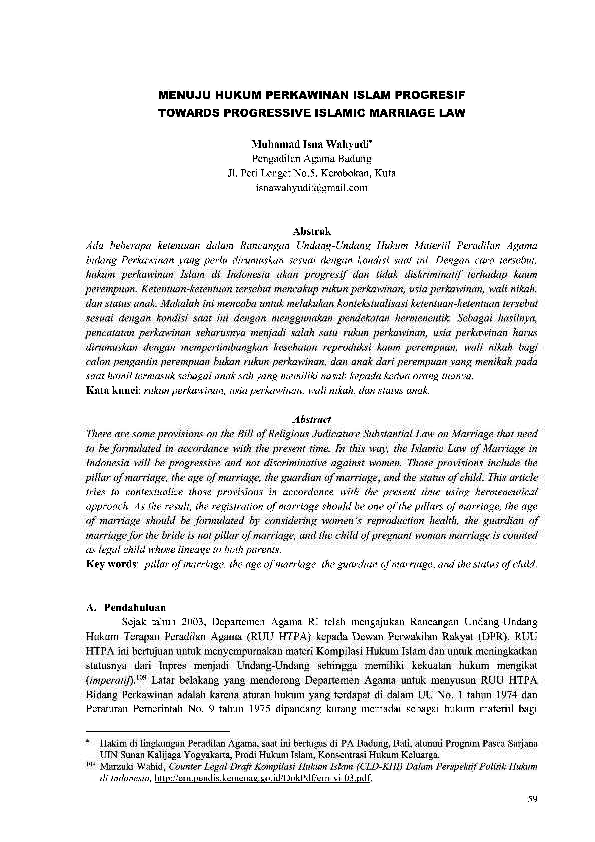 (PDF) Menuju Hukum Perkawinan Islam Progresif, dalam Jurnal Hukum dan Peradilan, Volume 3, No. 1 ...